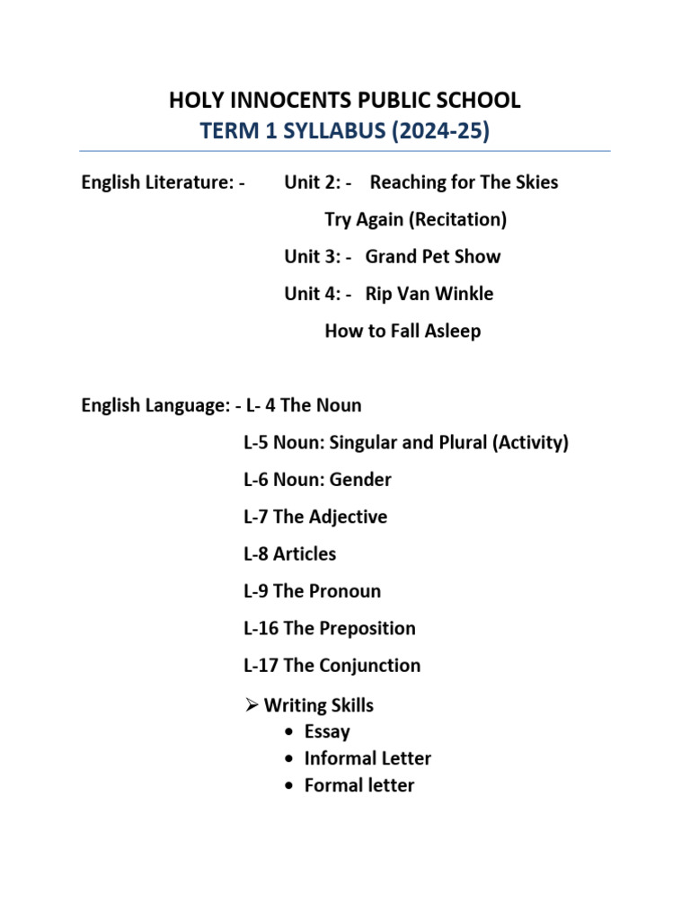 Term 1syllabusclass5 (24-25) | PDF | Noun | English Language