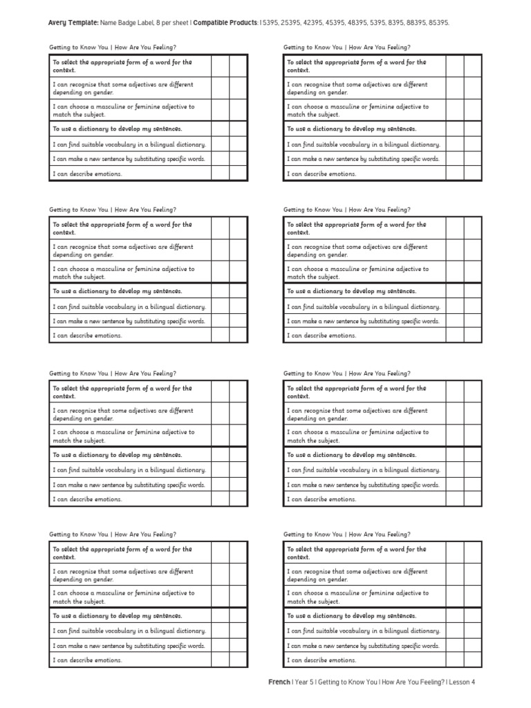 Y5 French Lesson 4 - Success Criteria Grids How Are You Feeling | PDF ...