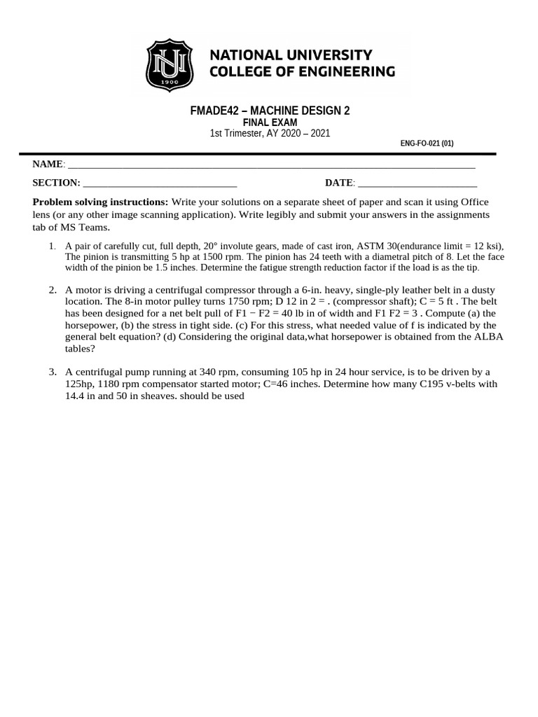 Machine Design 2 Final Exam | PDF