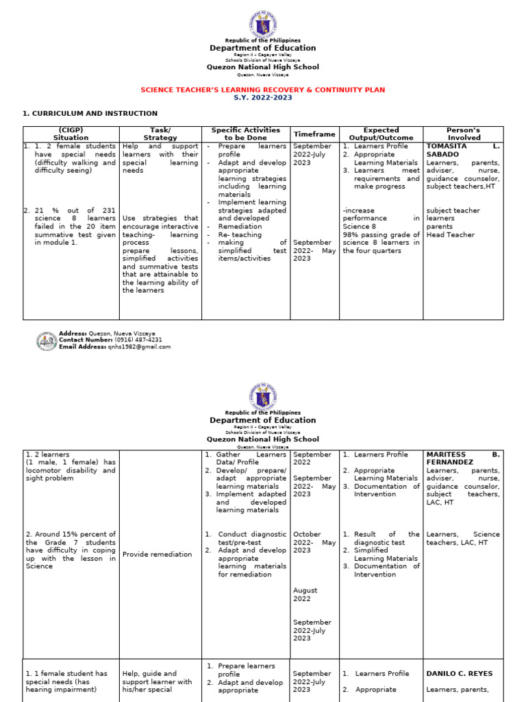 Science Teachers Learning Recovery Continuity Plan | PDF | Learning ...