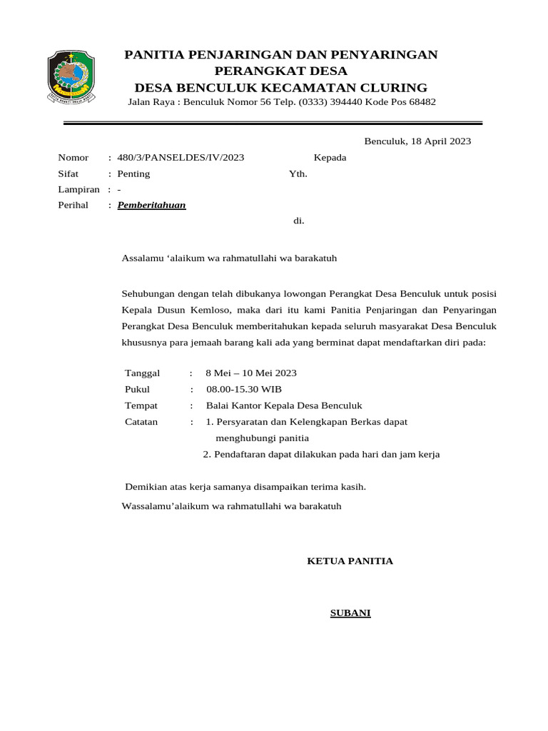 Surat Pemberitahuan Penjaringan Perangkat Desa 2022 | PDF