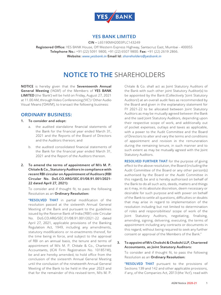 YES Bank AGM Notice 2020-21 | PDF | Login | Electronic Voting