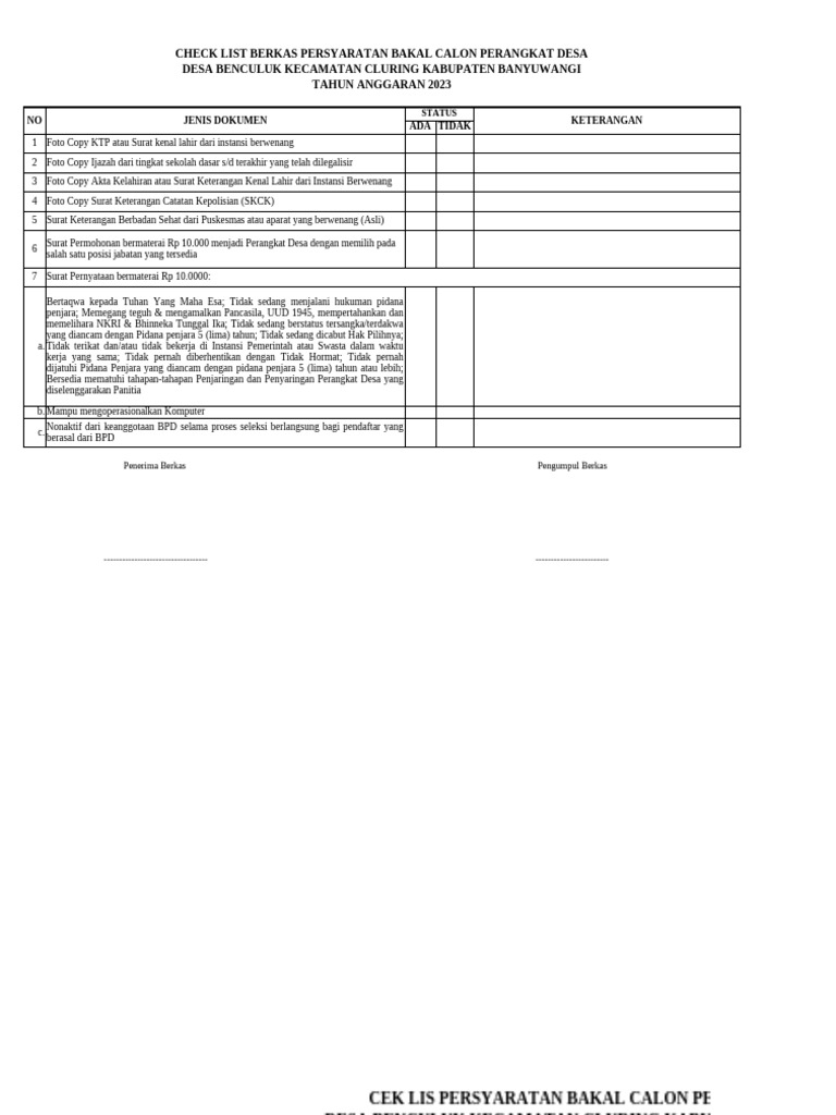 Cek Lis Pendaftaran Perangkat Desa Sraten | PDF