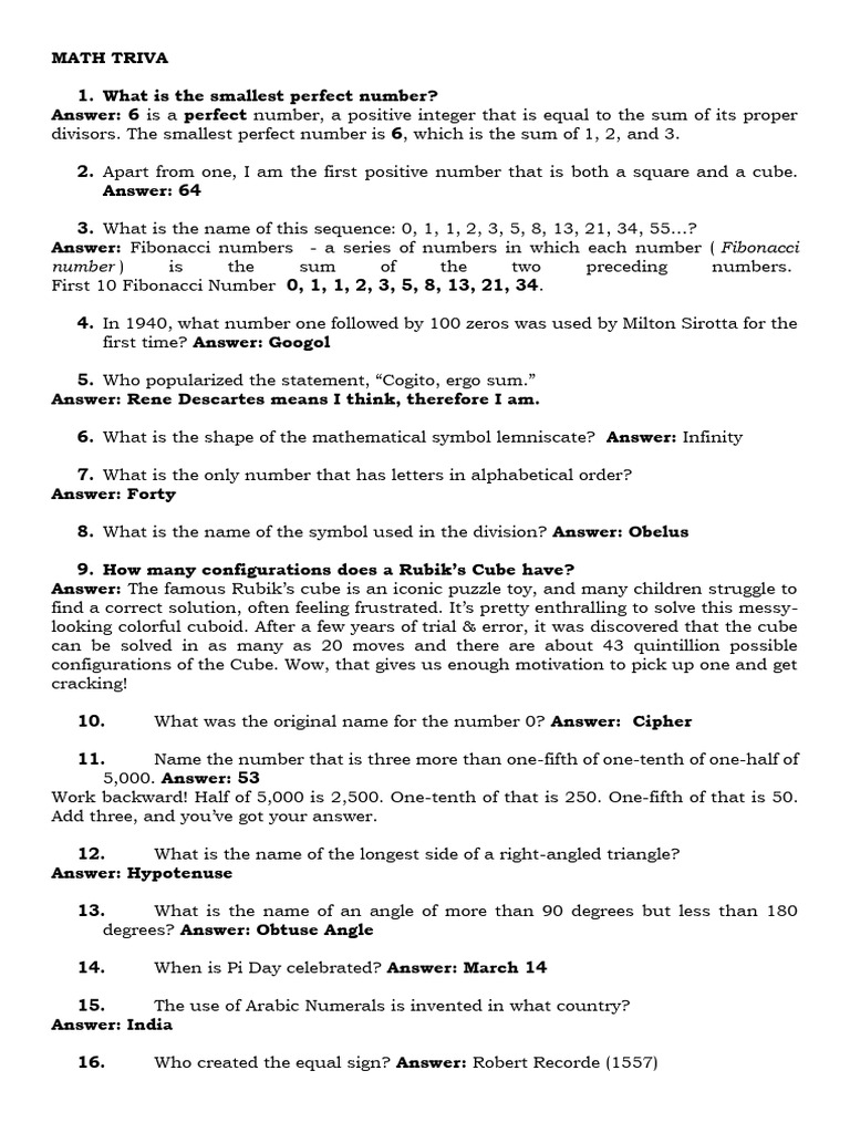 Math Trivia Pdf Numbers Mathematics