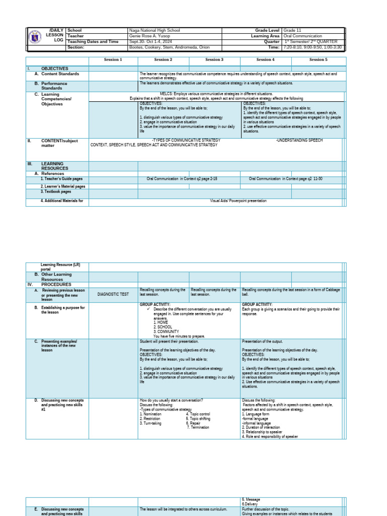 Grade 11 Oral Communication Lesson Plan | PDF | Learning | Conversation