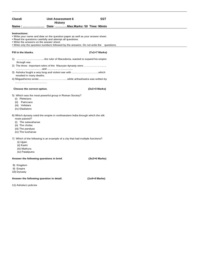 Class 6 History Unit Assessment Guide | PDF