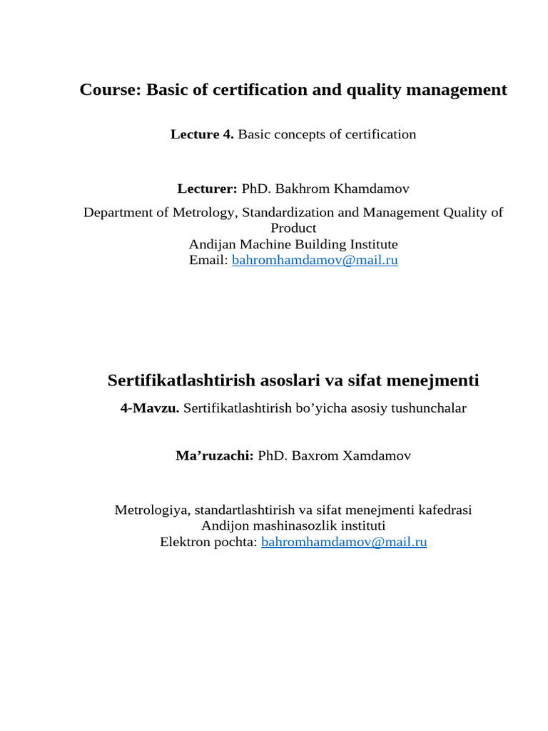 (Basic of Certification and Quality Management) Week4 - Basic Concepts of Certification | PDF