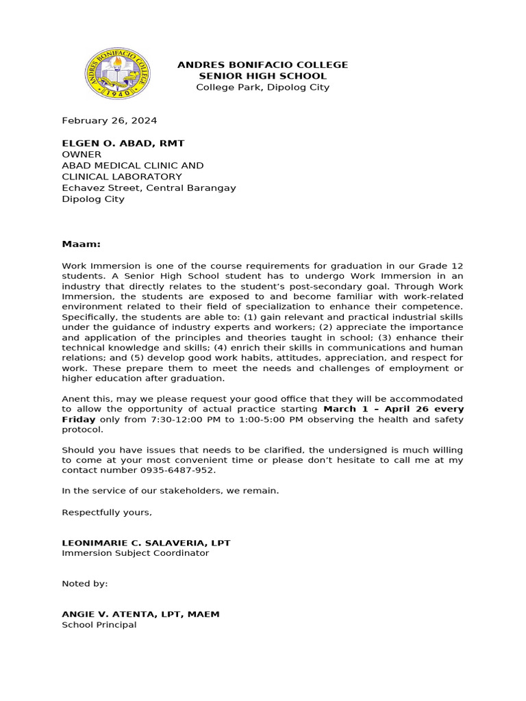 Shs Work Immersion Letter | PDF | Cognition | Learning