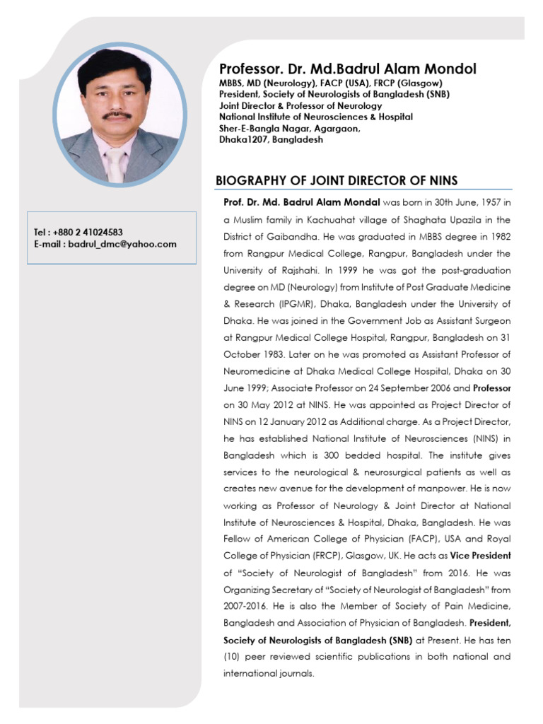 Biography - Professor - Dr. Md. - Badrul - Alam - Mondol | PDF | Neurology | Medical School