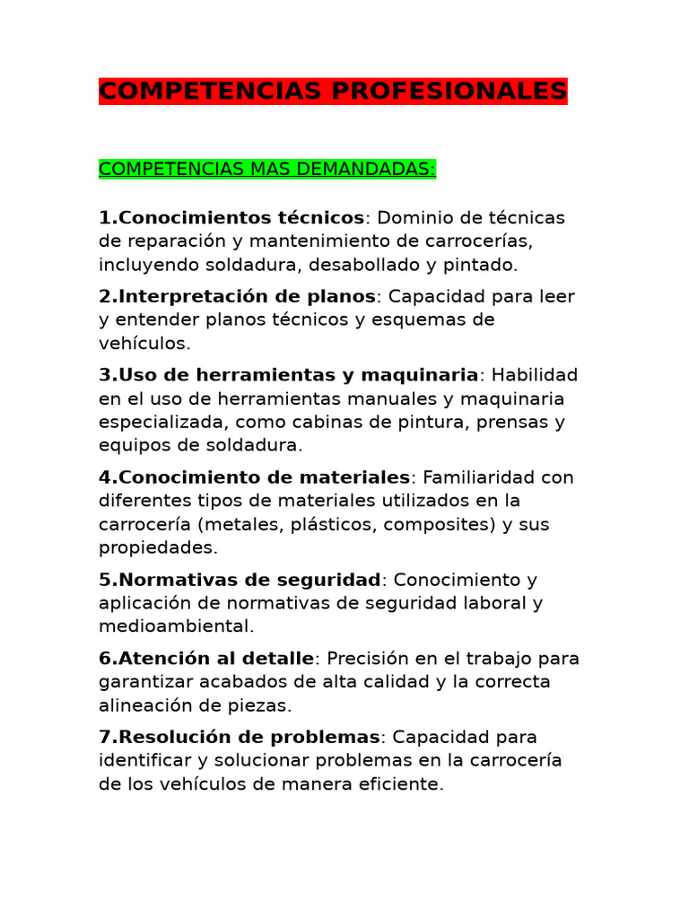 Competencias Clave en Carrocería Automotriz | PDF | Derecho laboral ...