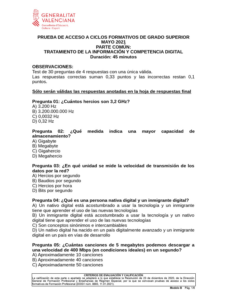 Examen TIC Prueba Acceso Grado Superior Comunidad Valenciana 2021 | PDF | Dirección IP | Informática