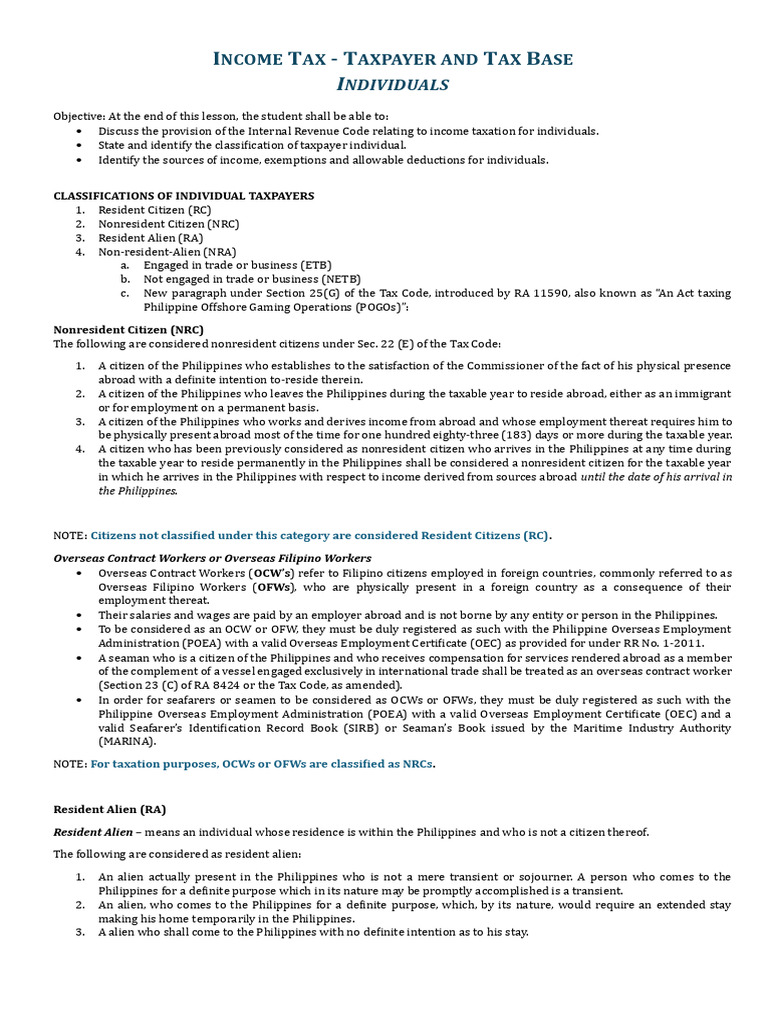 Income Tax - Taxpayer and Tax Base (Individuals) | PDF | Income Tax ...