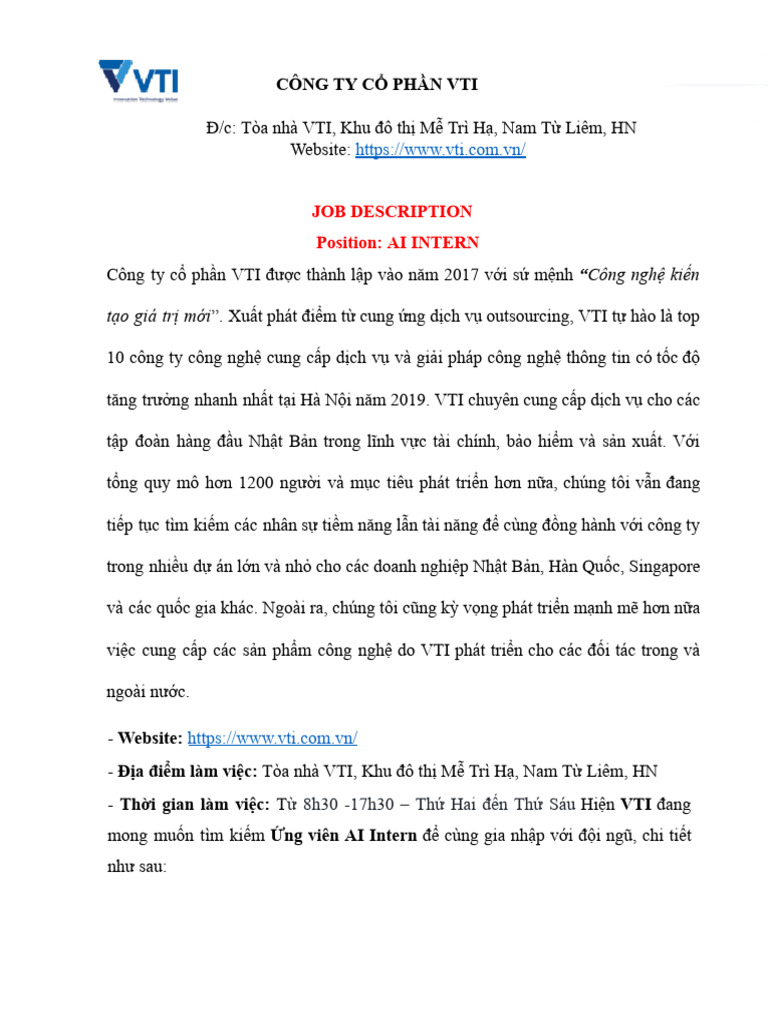 JD - Vti Intern Ai 1 | PDF