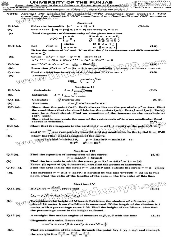 Past Paper 2022 Punjab University General Mathematics BA BSC Part I ...