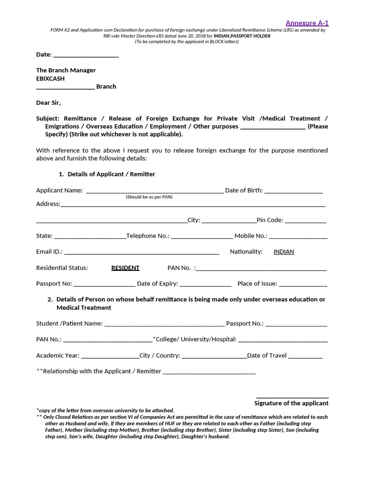 A1 and A2 Forms for Foreign Exchange | PDF | Banks | Wire Transfer