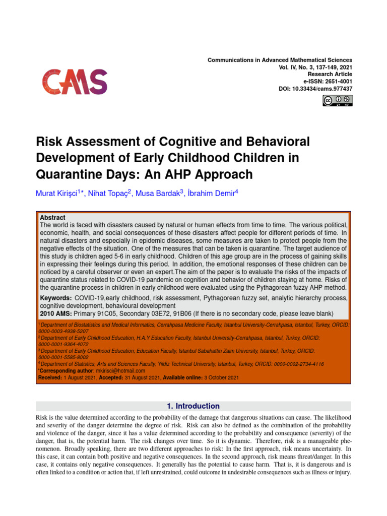 Risk Assessment of Cognitive and Behavioral Development of Early ...