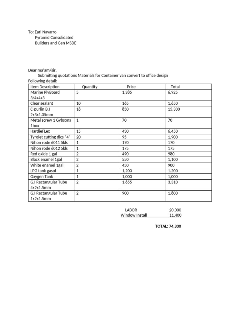 Container Van Office Design Quotation | PDF