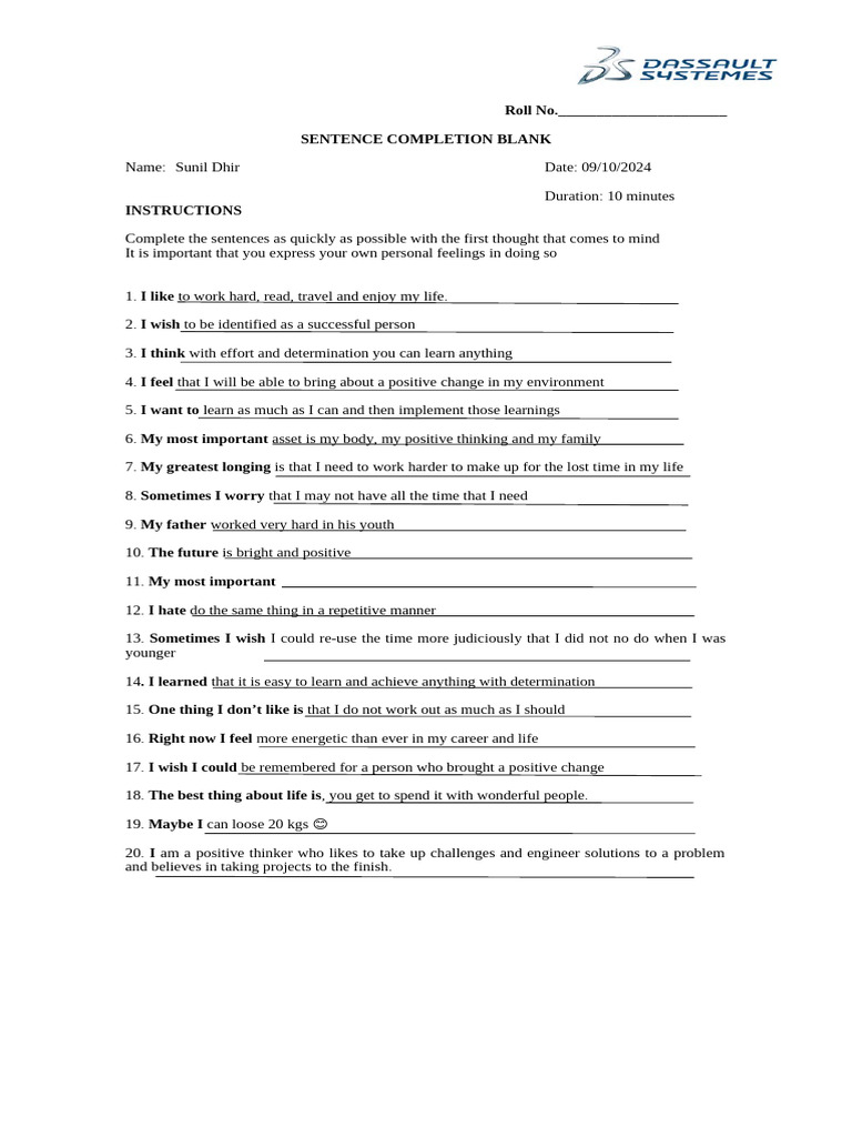 Sentence Completion Form | PDF