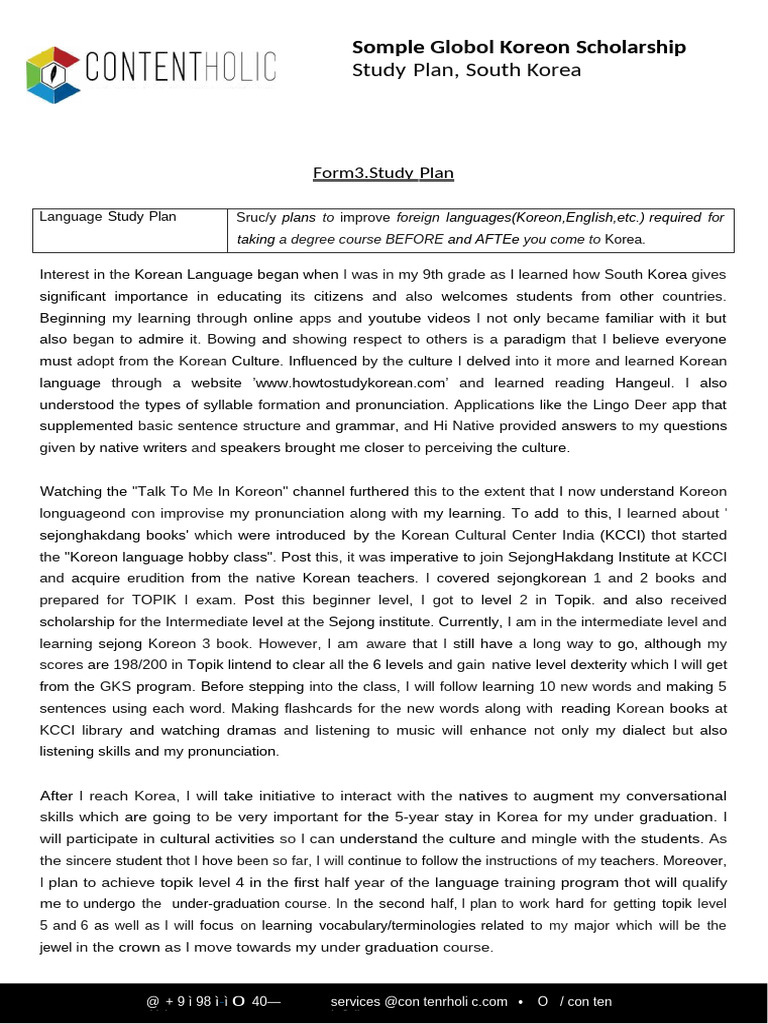 Korean Scholarship Study Plan Overview | PDF | Korean Language ...