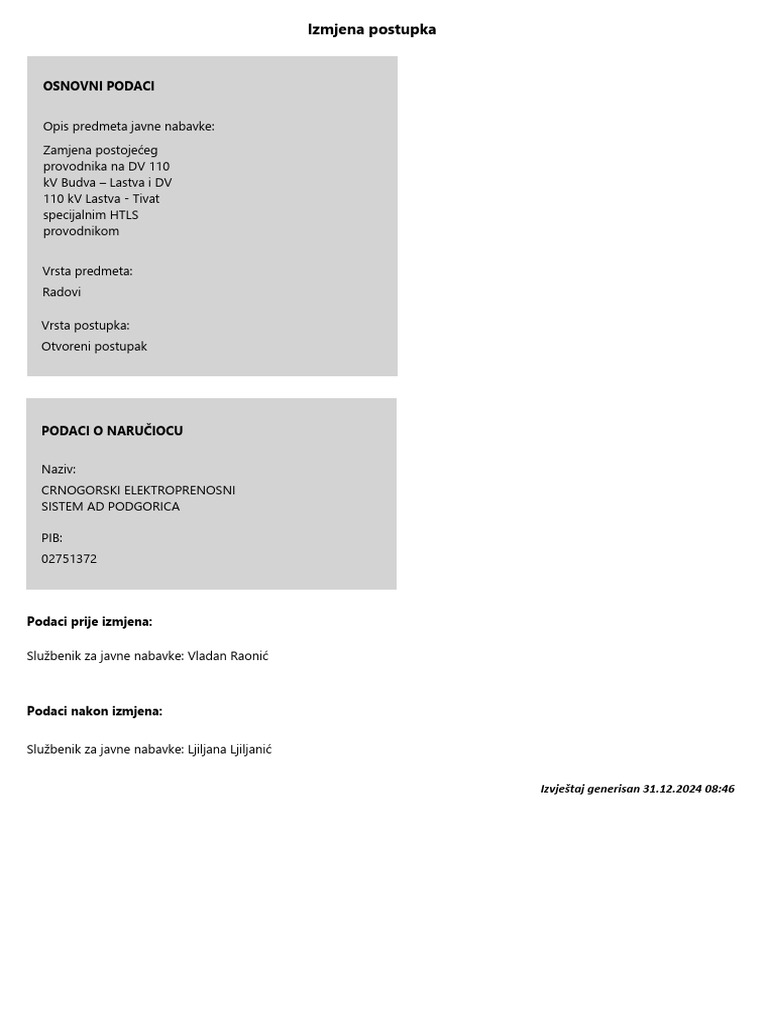 Automatski Generisan Izvještaj o Izmjenama I Dopunama Tenderske Dokumentacije | PDF