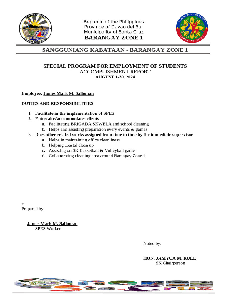 SPES Accomplishment Report - Barangay Zone 1 | PDF