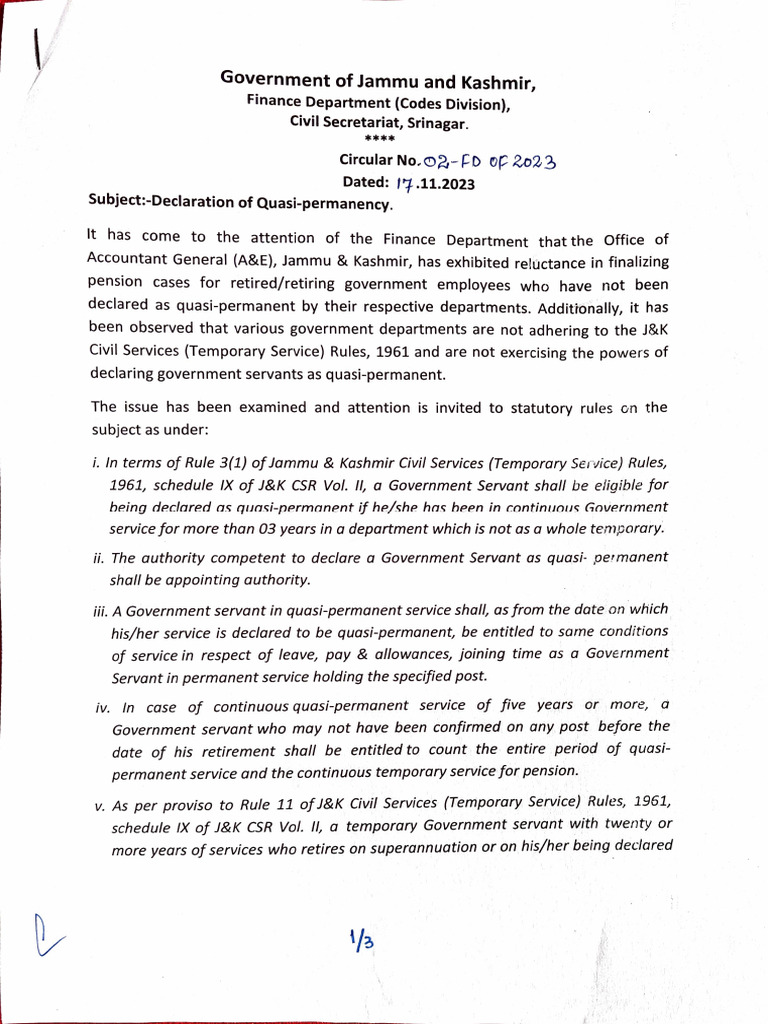 Quasi-Permanency Guidelines for J&K Employees | PDF | Government