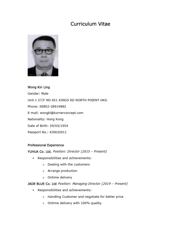 CV of Wong Kin Ling | PDF