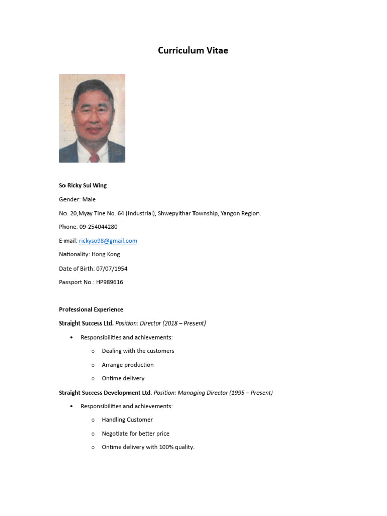 CV of So Ricky Sui Wing. | PDF