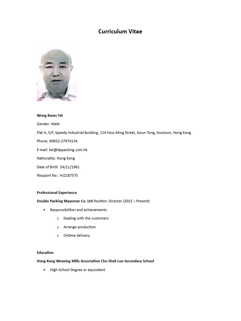 CV of Wong Kwan Tat | PDF