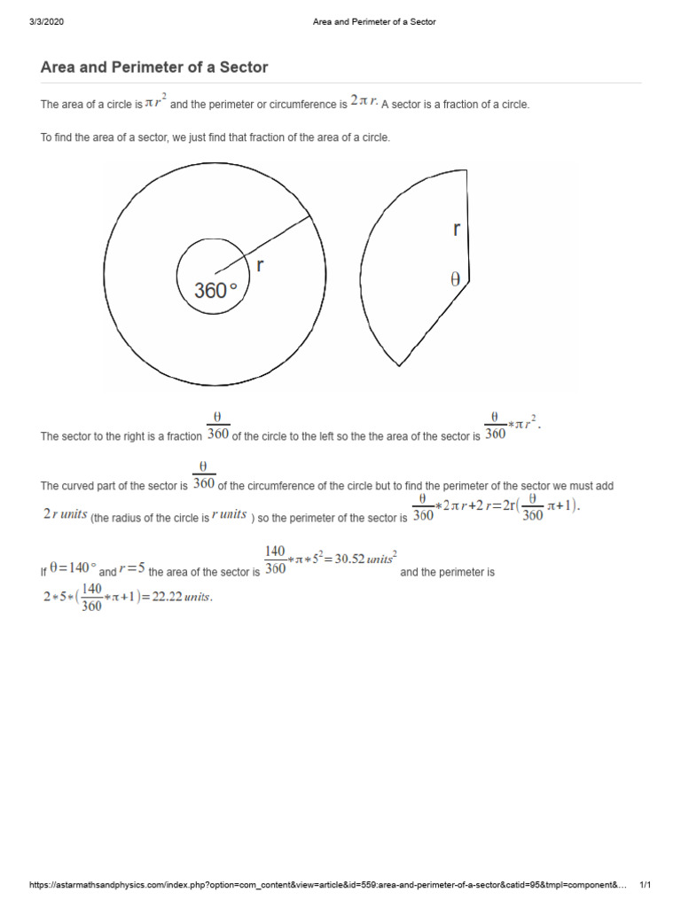 Area and Perimeter of Circle Sector | PDF
