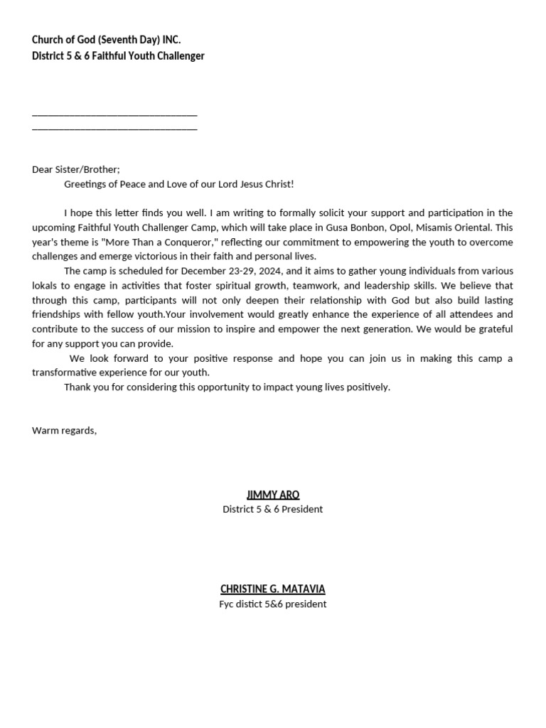 Church of God SOLICITATION LETTER | PDF