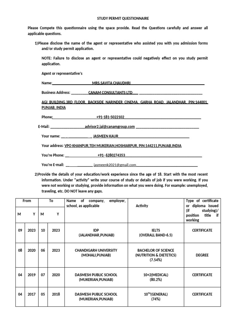 Study Permit Questionnaire Form | PDF