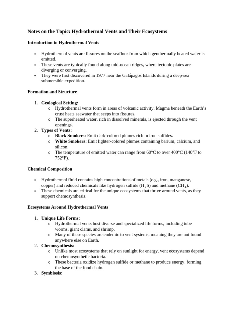 Notes On Hydrothermal Vents and Their Ecosystems | PDF | Hydrothermal ...