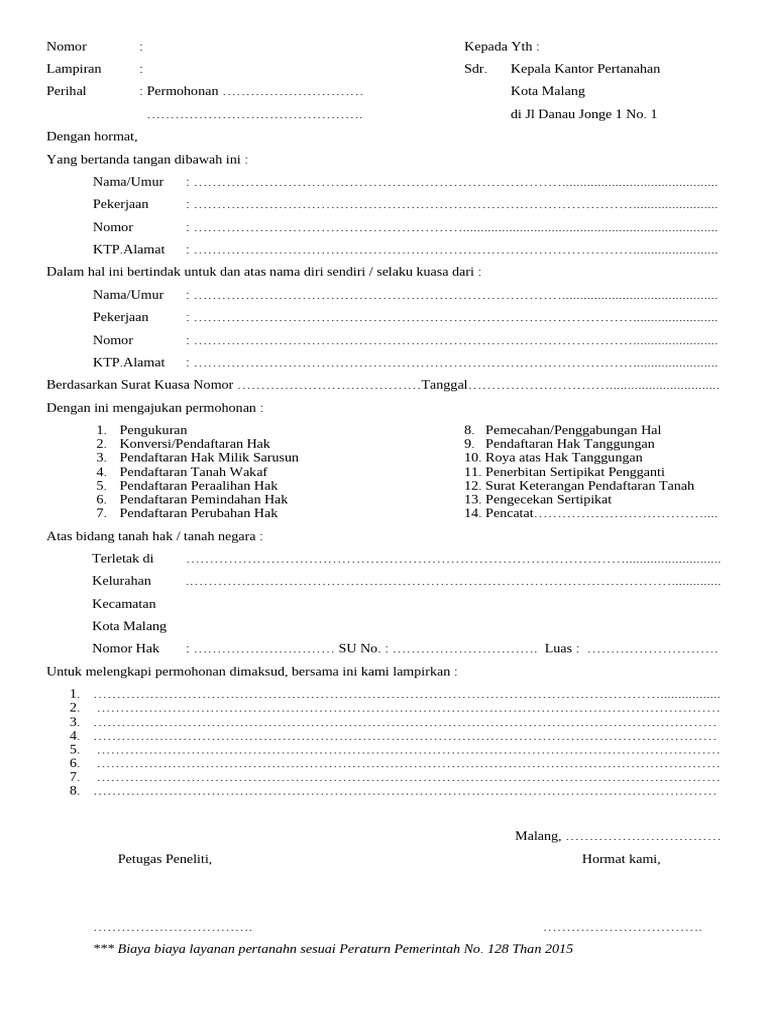 Contoh Permohonan Pertanahan BPN | PDF
