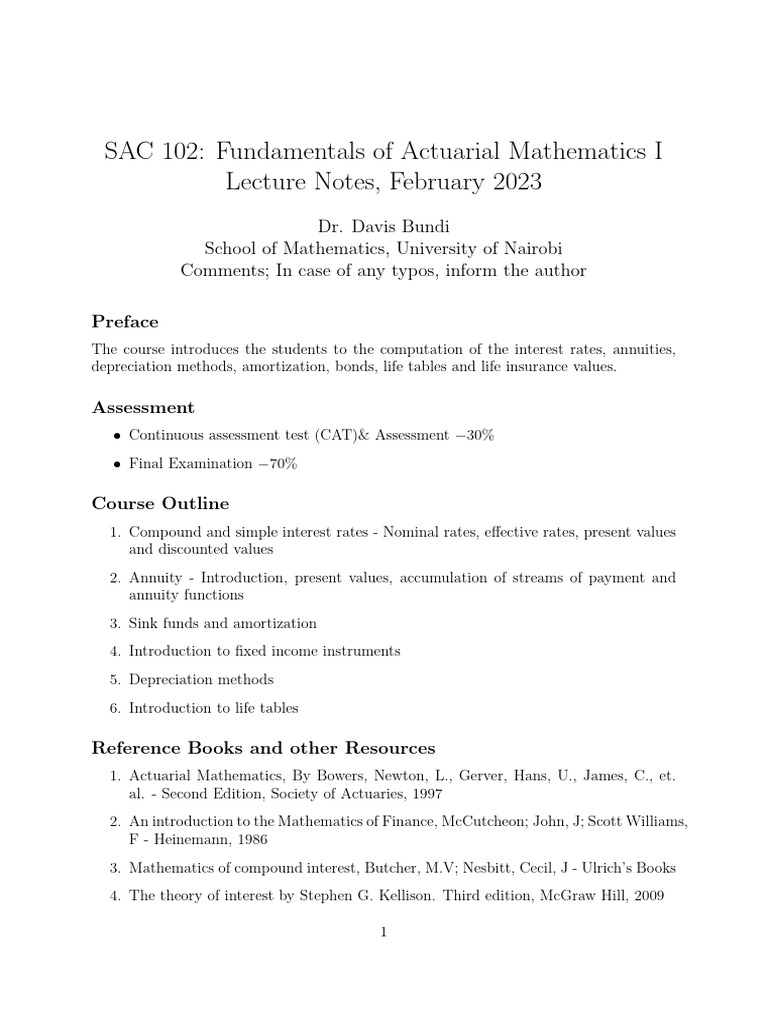 Actuarial Mathematics Lecture Notes | PDF | Bonds (Finance) | Interest