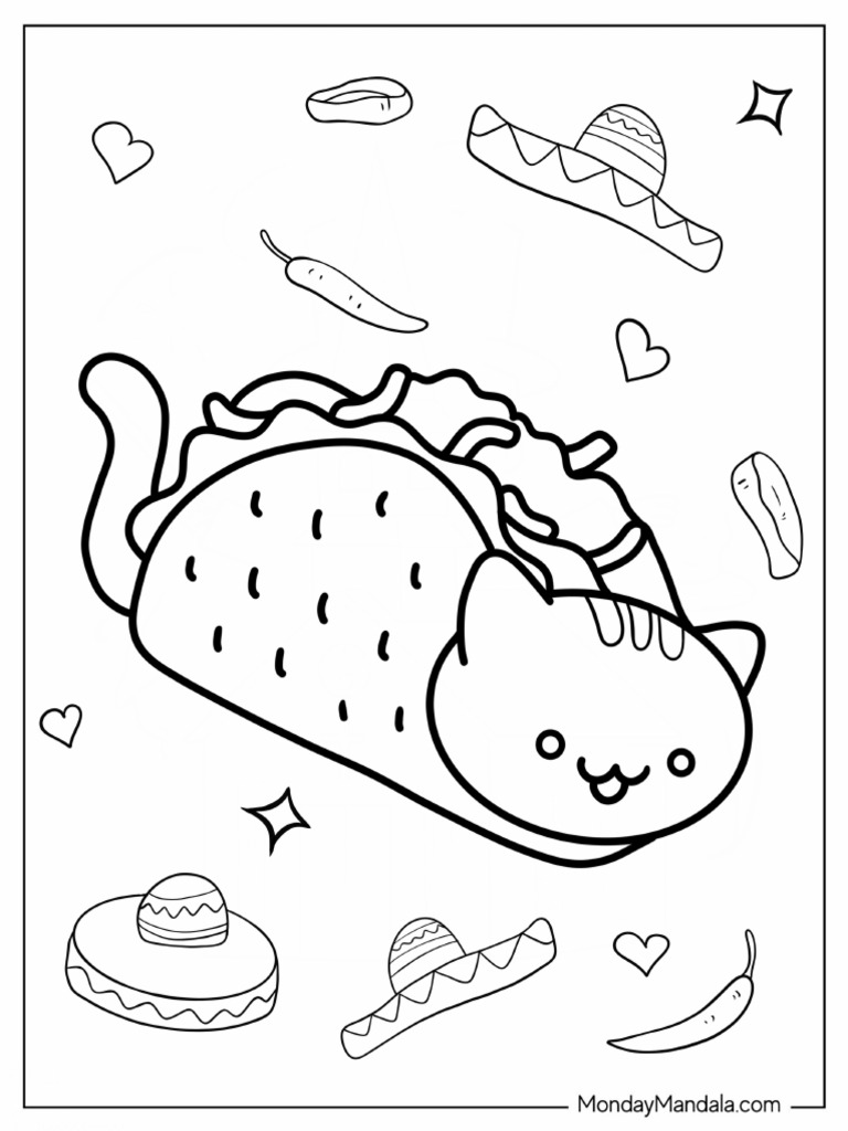 Simple Cat Inside Taco Coloring Page | PDF