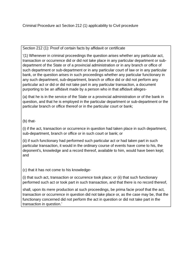 Criminal Procedure Act Section 212 Applicability To Civil Procedings ...