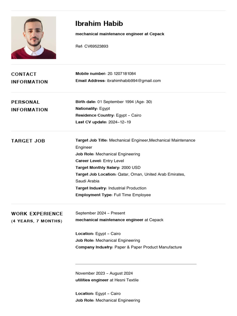 Ibrahim Habib - Mechanical Maintenance | PDF | Engineering | Business