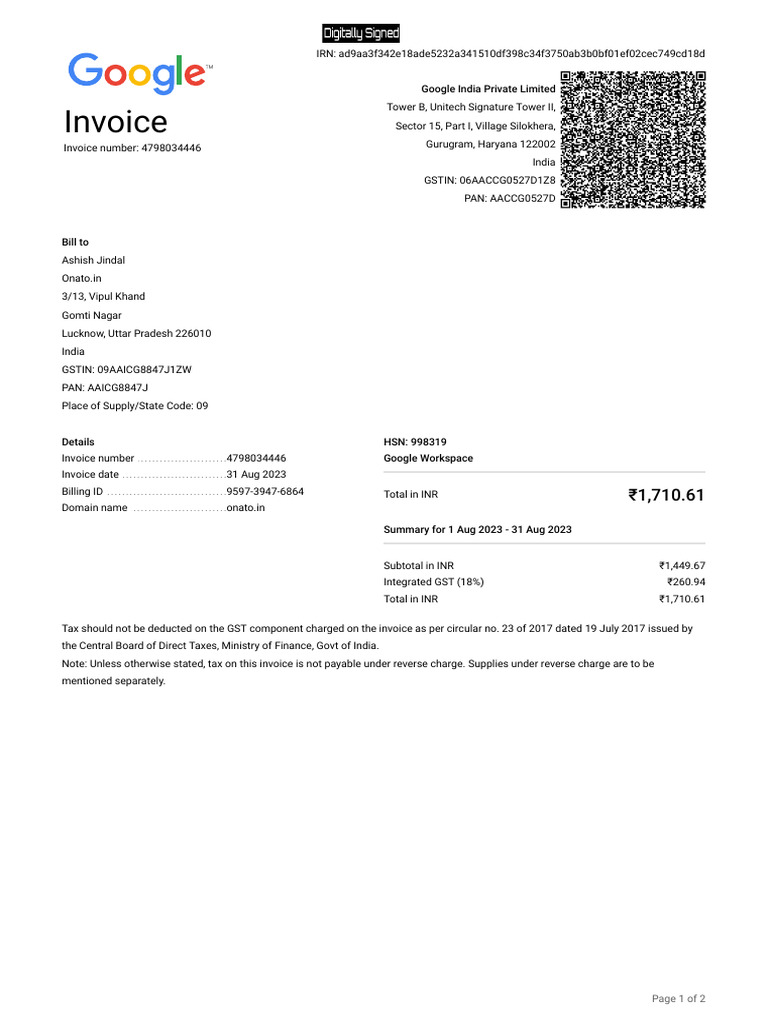 Invoice: Google India Private Limited | PDF | Invoice | Economies