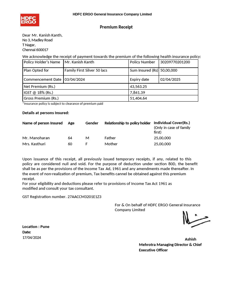 Health Insurance Premium Receipt | PDF | Insurance | Payments