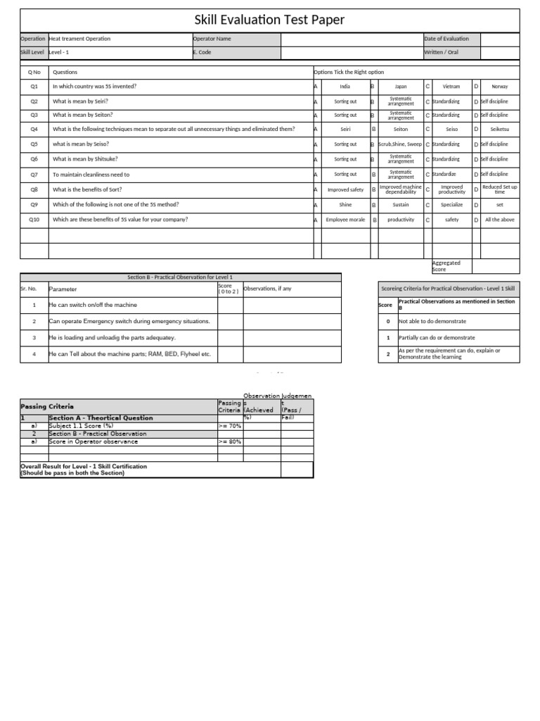 Level 1 Skill Evaluation Test Paper | PDF