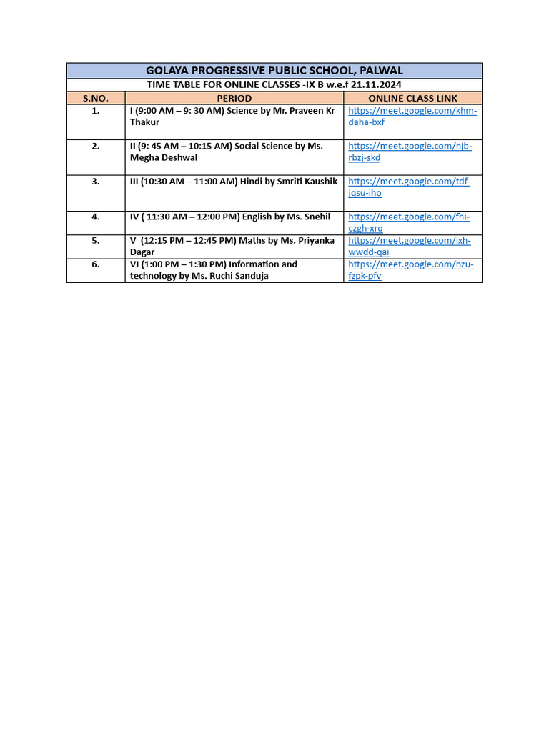 Online classes schedule for class IX B | PDF