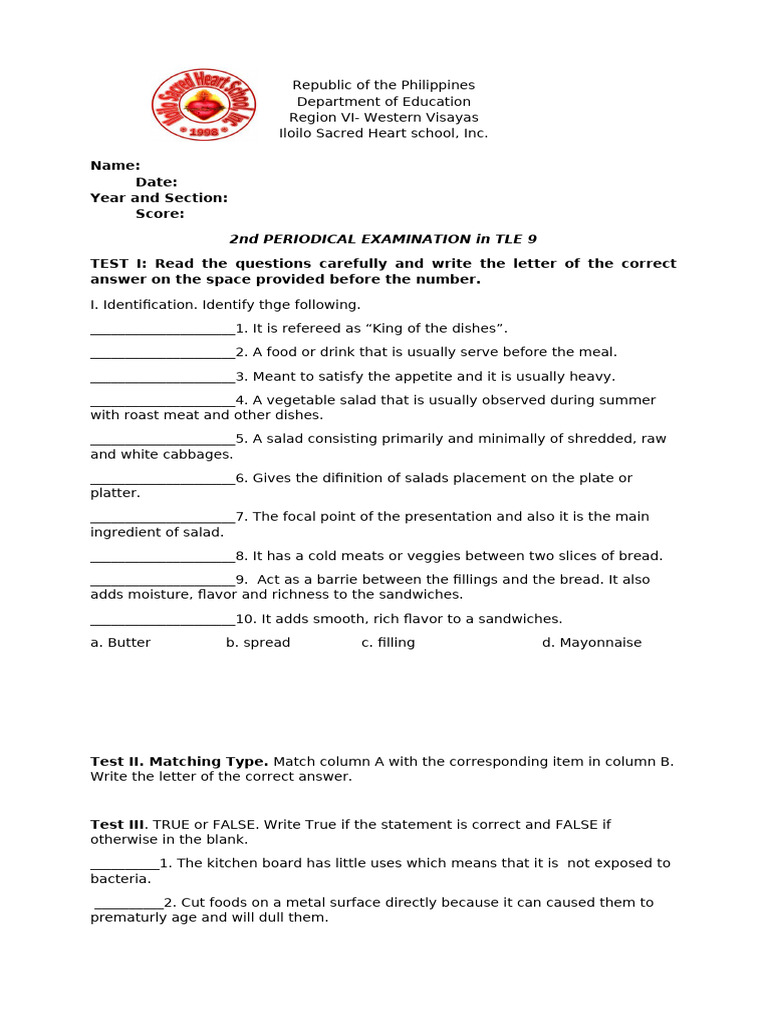 TLE 9 2nd SUMMATIVE 2024-2025 | PDF | Sandwich | Salad