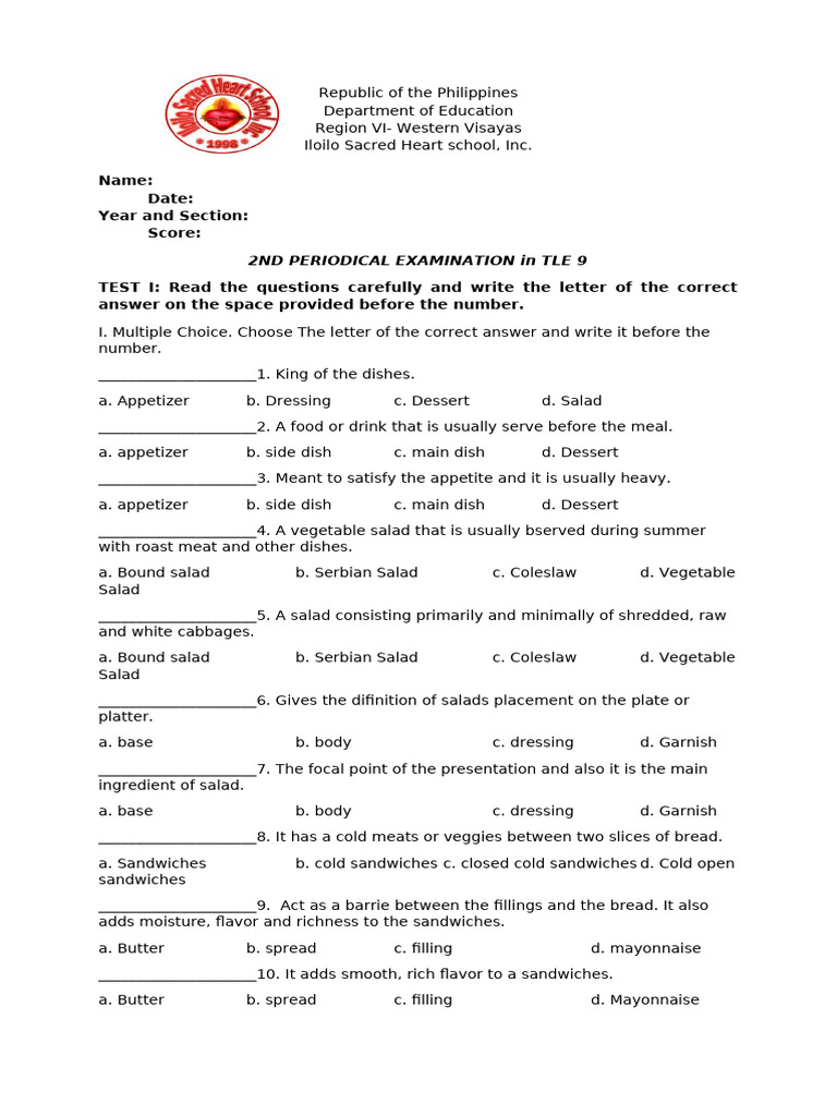Tle 9 2ND Periodical Exam 2024-2025 | PDF | Desserts | Salad