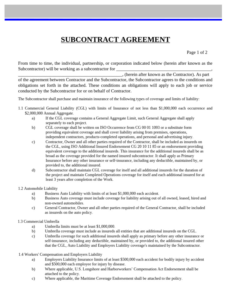 Subcontractor Agreement Template | PDF | Liability Insurance | Indemnity