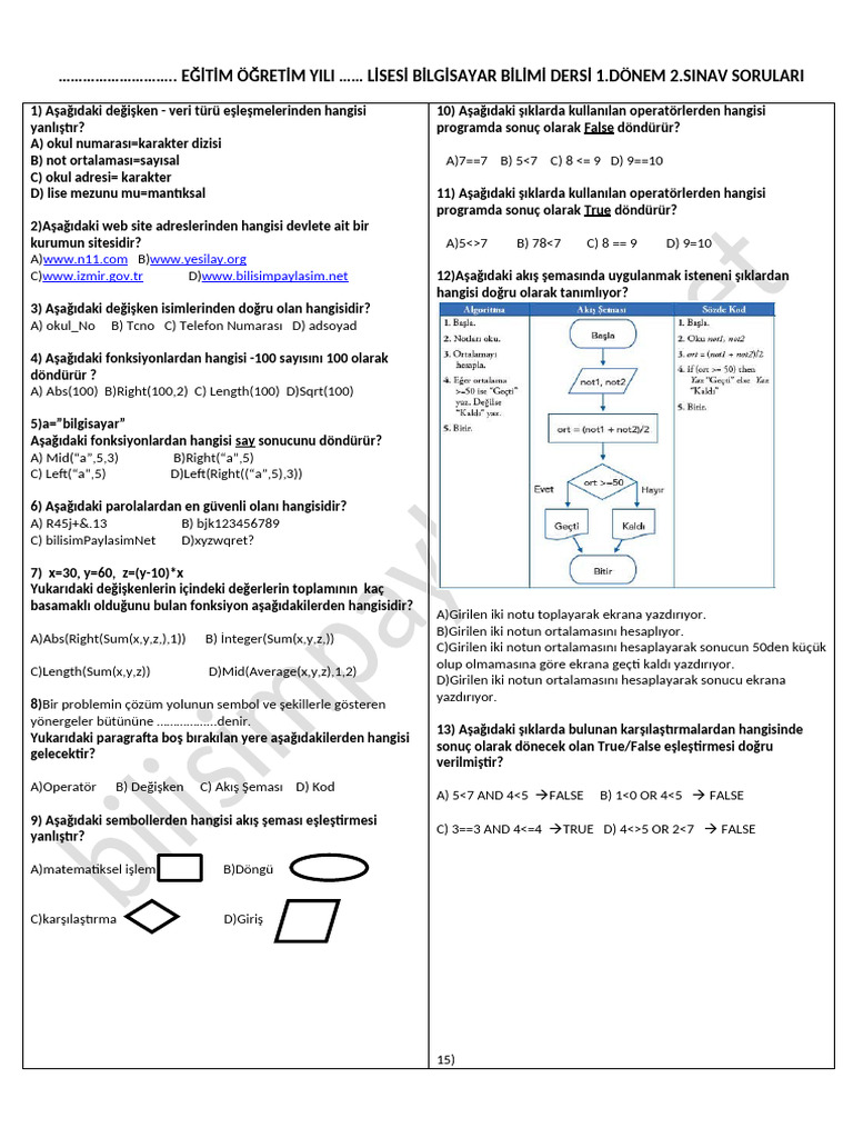Bilgisayar Bilimi Dersi 1. Donem 2. Sinav Sorulari Ornek 1 | PDF