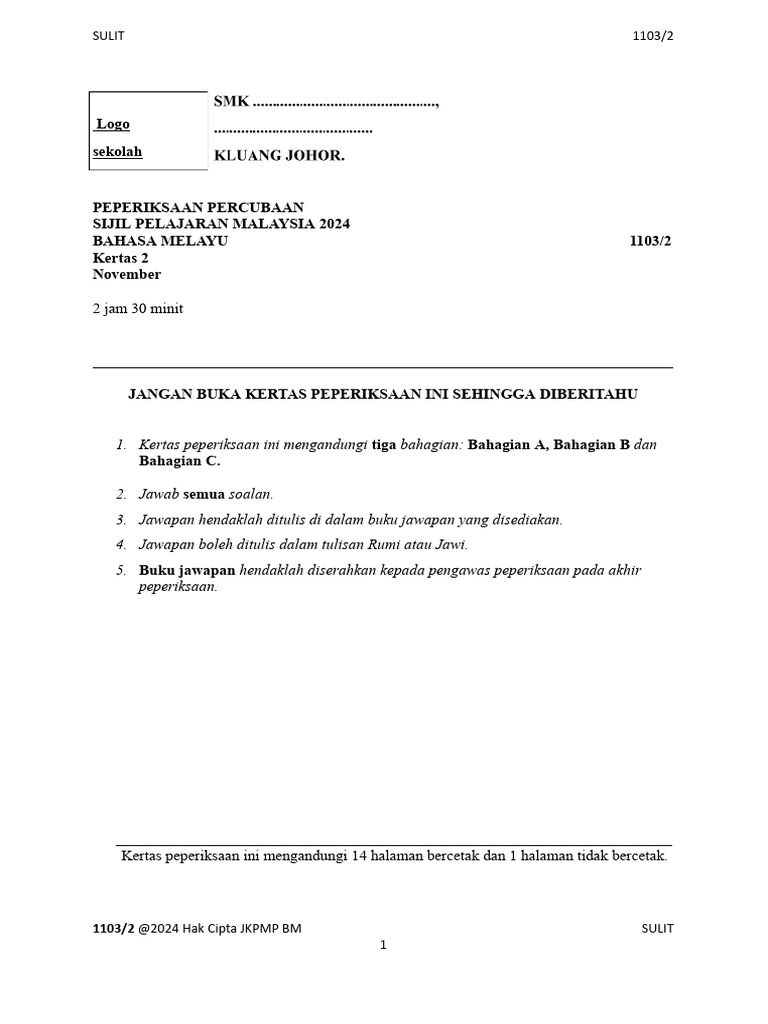 Trial K2 BM SPM 2024 - Johor - Mersing | PDF