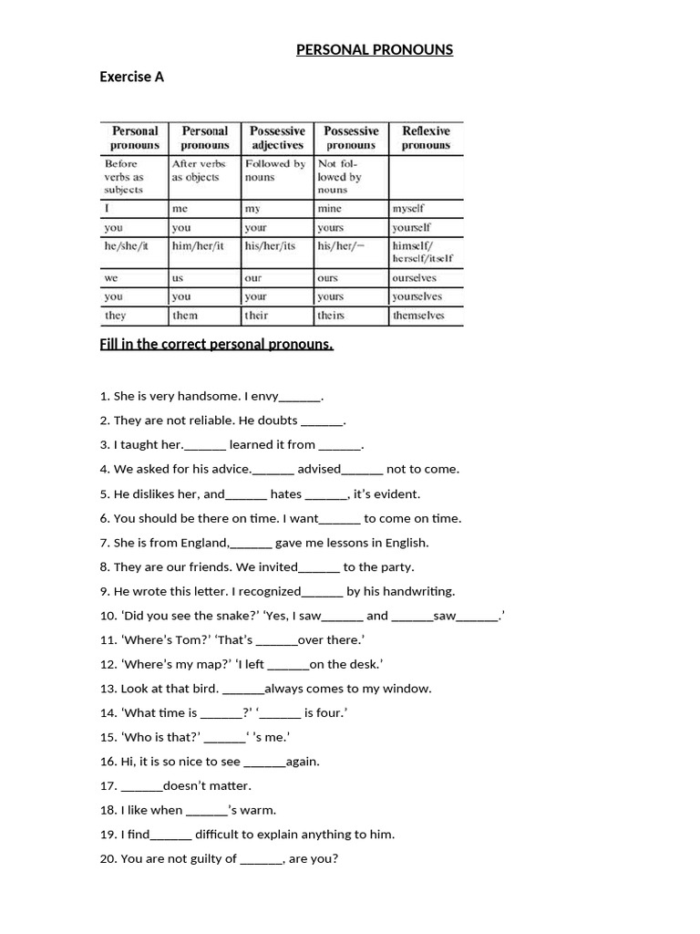 Personal Pronouns Practice Exercises | PDF