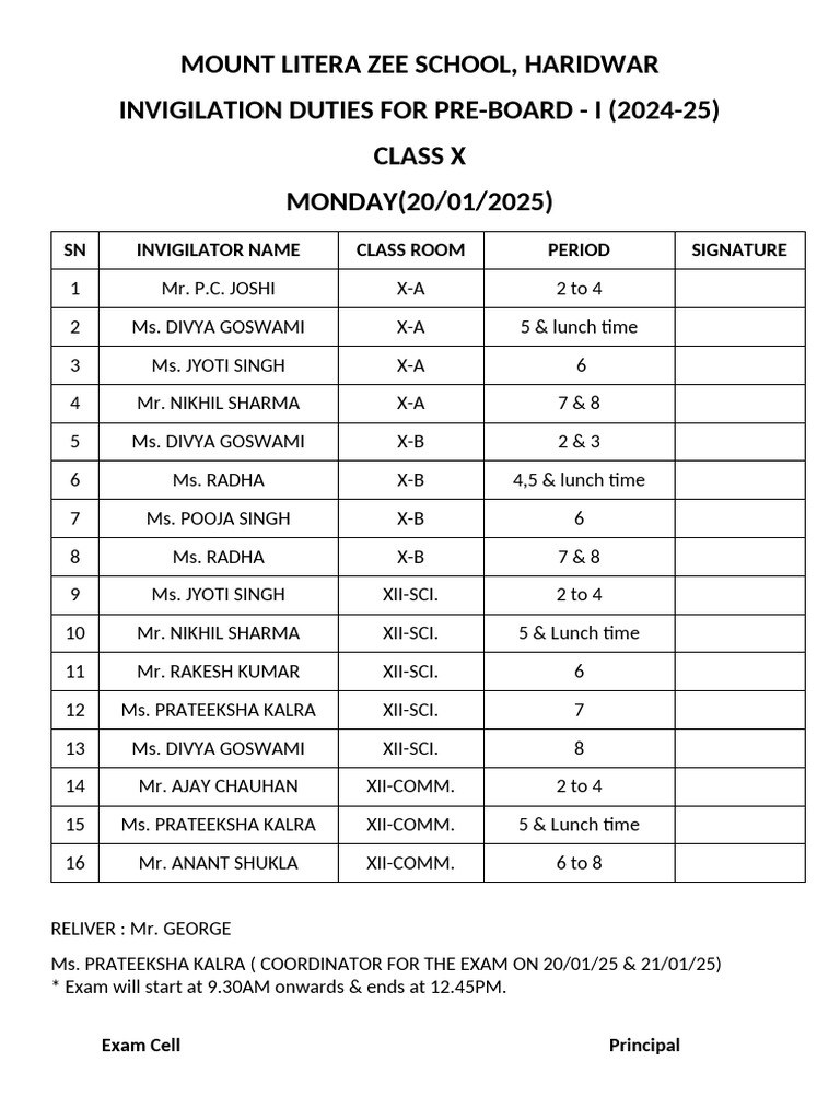 Invigilation Schedule for Pre-Board Exams | PDF