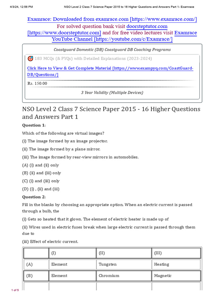 NSO Level 2 Class 7 Science Paper 2015 16 Part 1 | PDF | Incandescent ...